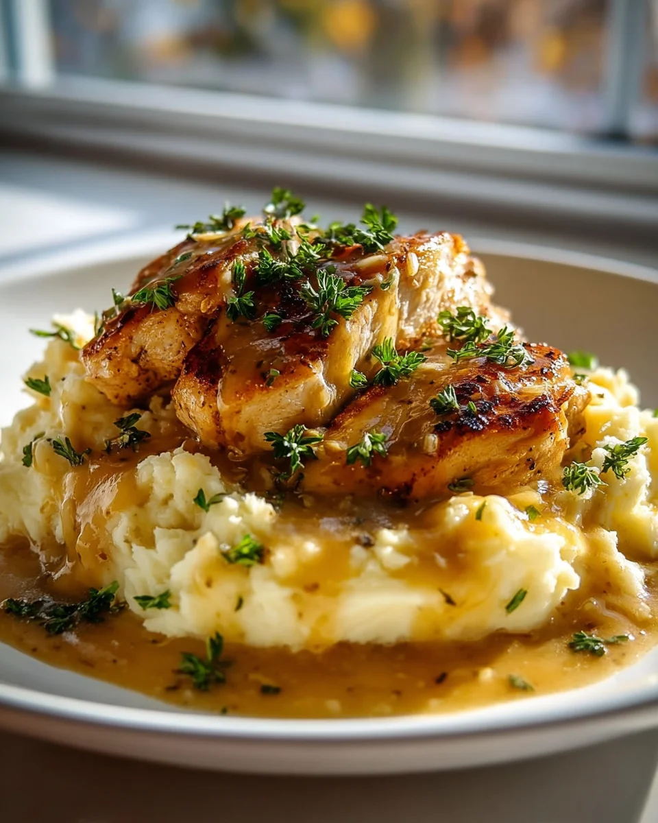 Delicious Chicken and Garlic Gravy with Cheesy Mashed Potatoes ...